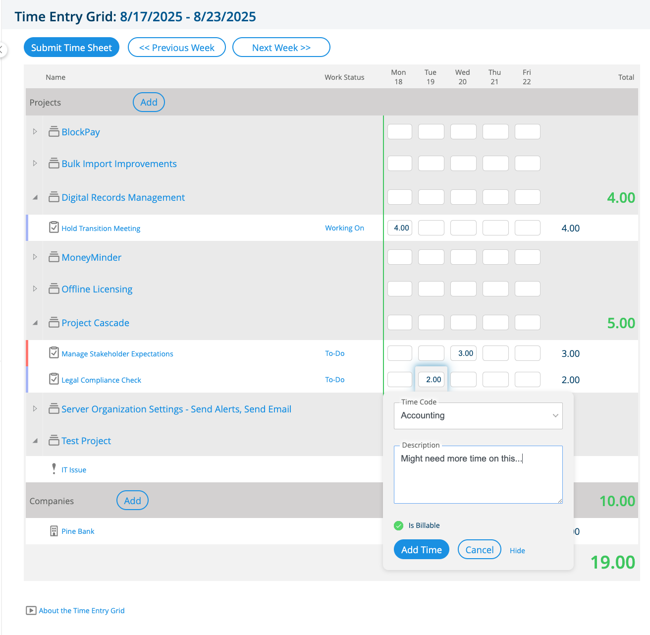Time Entry Grid – Project Insight Help Center
