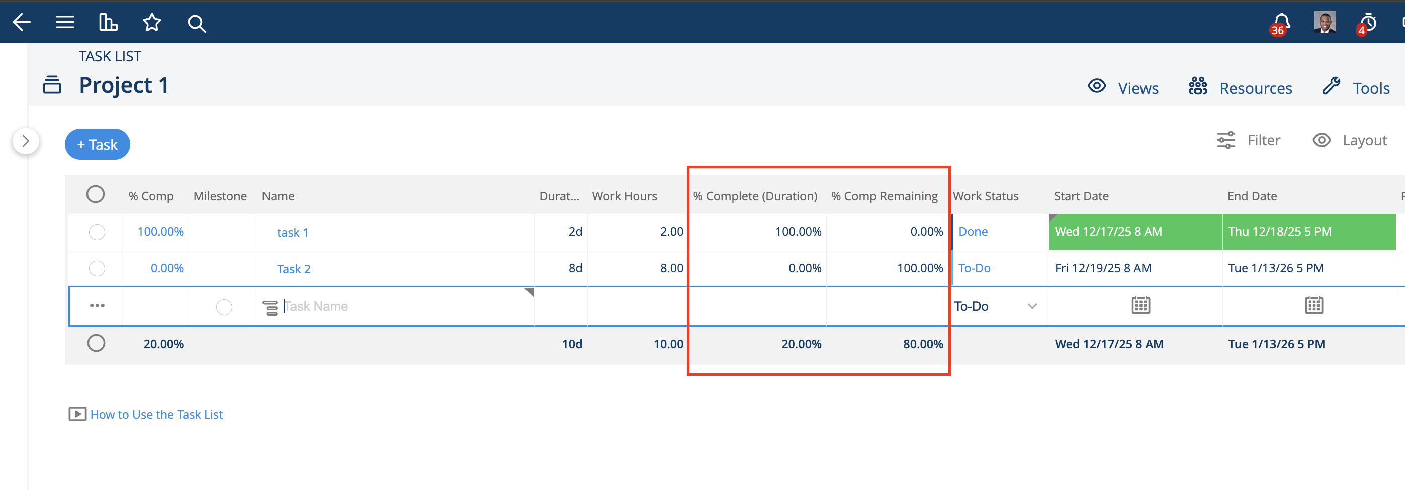 % Complete vs. Percent Complete (Duration) – Project Insight Help Center